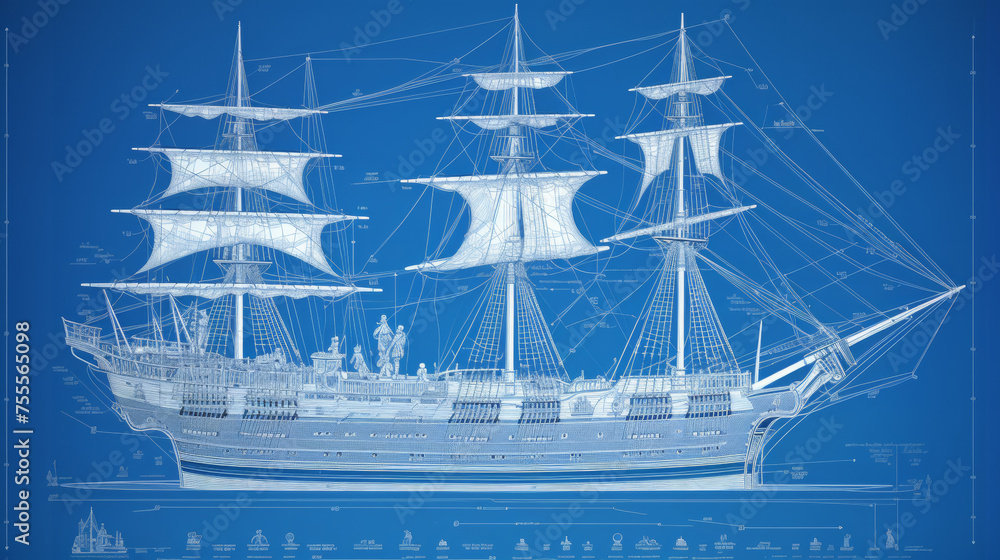 Illustration of a technical drawing of an old boat galleon style mixing ...