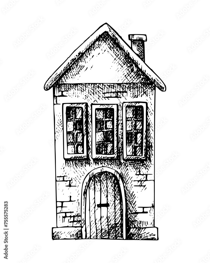 House vector sketch. Hand drawn illustration with painted by black inks ...