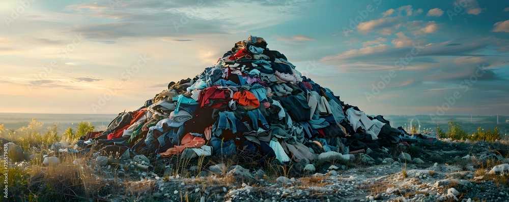 Clothes accumulating in landfill. Concept Fast Fashion, Environmental ...