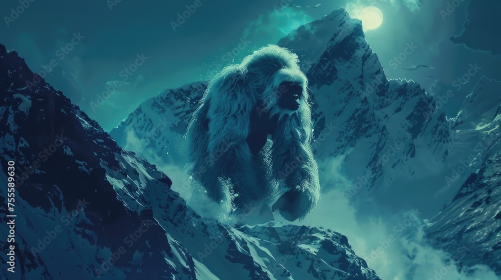 White bigfoot lives in snowy winter mountains. Scary yeti beast ... White bigfoot lives in snowy winter mountains. Scary yeti beast ...