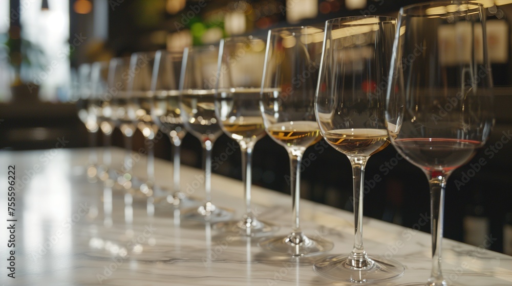 An elegant wine tasting event setup with rows of glasses filled with ...