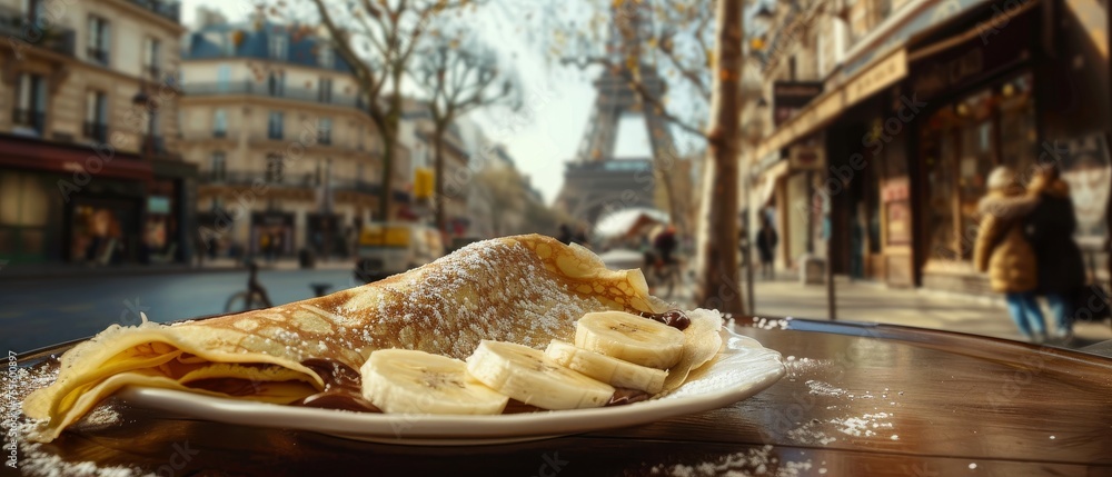 Delicious crepe with bananas on a Paris street, Eiffel Tower in the ...