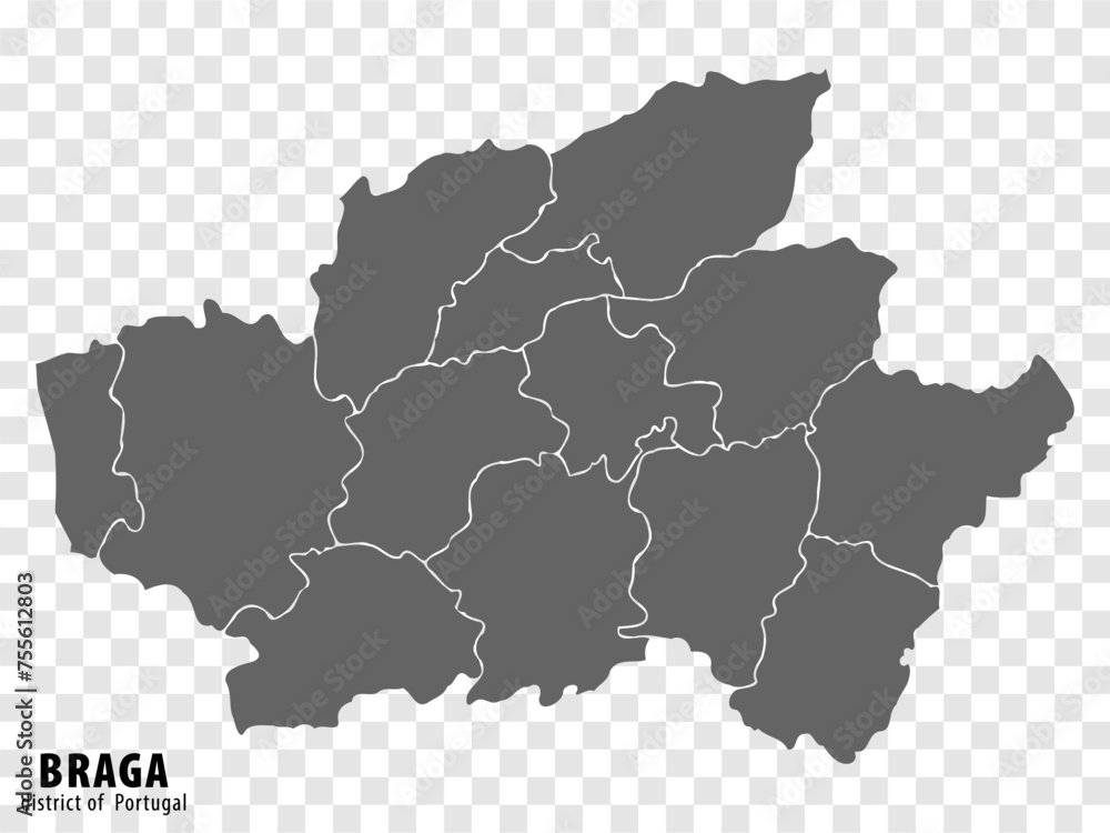 Map Braga District on transparent background. Porto Braga map with ...