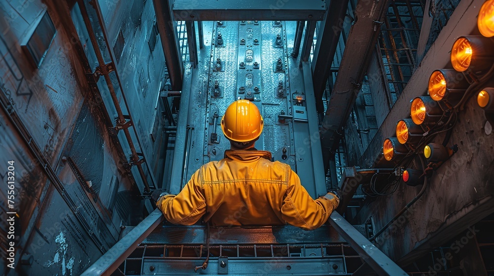 Aerial photograph of a lift mechanic fixing an elevator within a lift ...