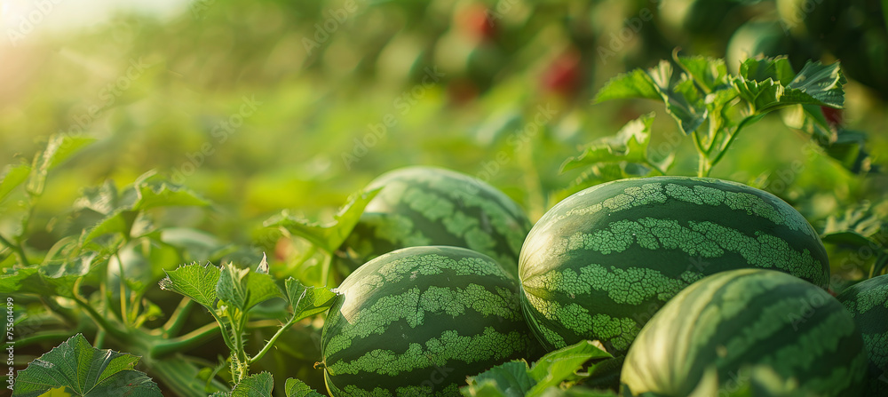 Ripe large watermelons on a watermelon field, background blurred. Stock ...