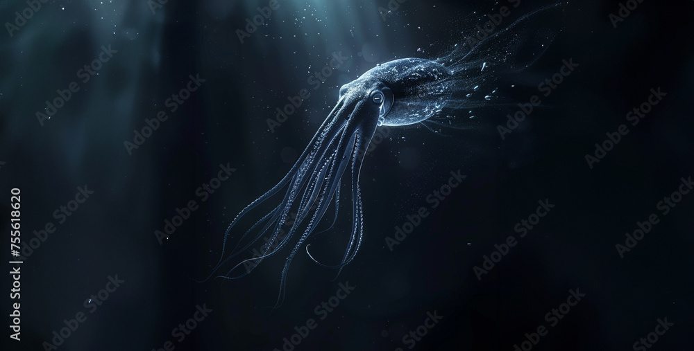 Giant Squid Deep Sea Mystery A giant squid emerges from the darkness of ...