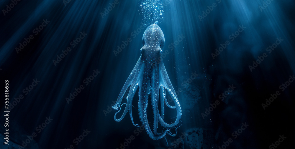 Giant Squid Deep Sea Mystery A giant squid emerges from the darkness of ...