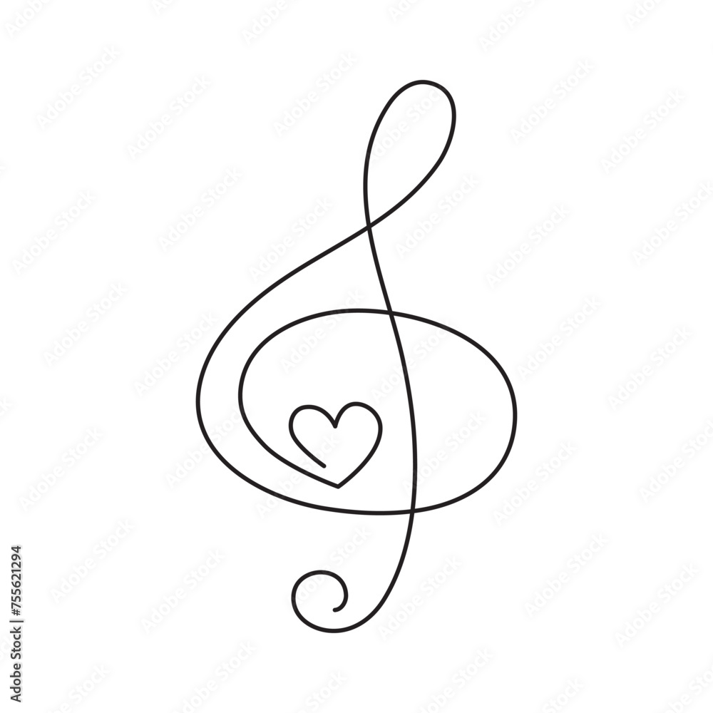 Treble clef and heart one line art,hand drawn continuous contour ...