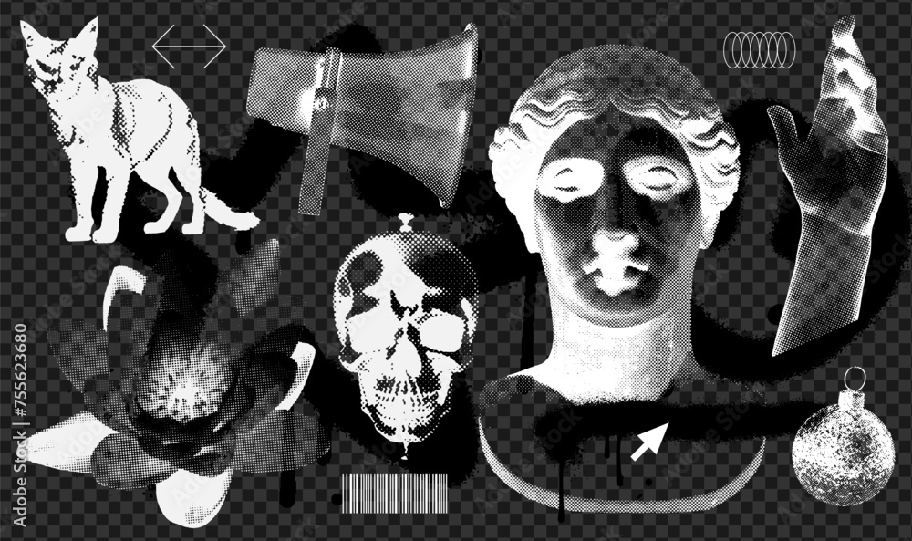 Negative Halftone collage design elements set in trendy grunge ...