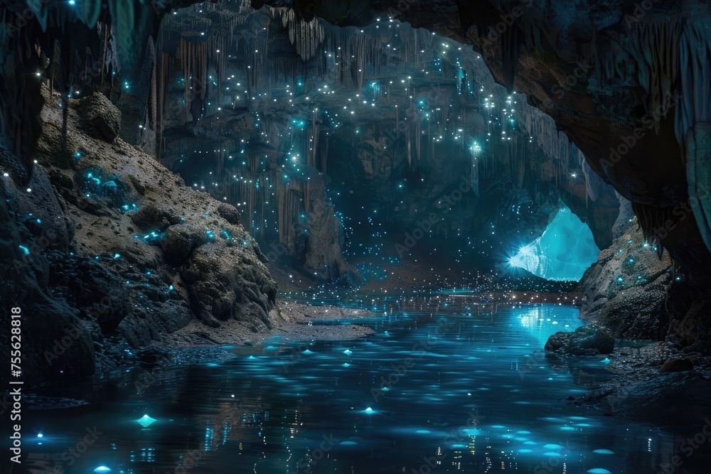 An underground cave system illuminated by bioluminescent insects hiding ...