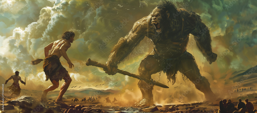 Nephilim giant Goliath and David conceptual bible story illustration Stock Illustration | Adobe ...