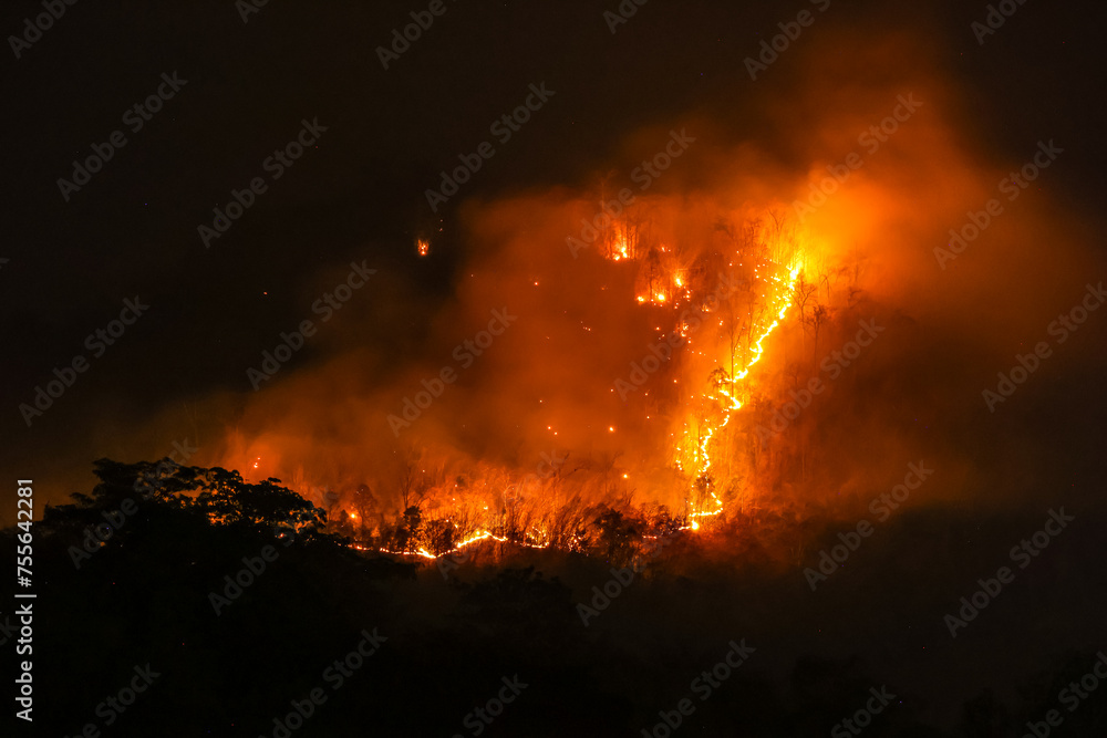 Orange forest fire rages in the mountains at night in Chiang Mai. It ...