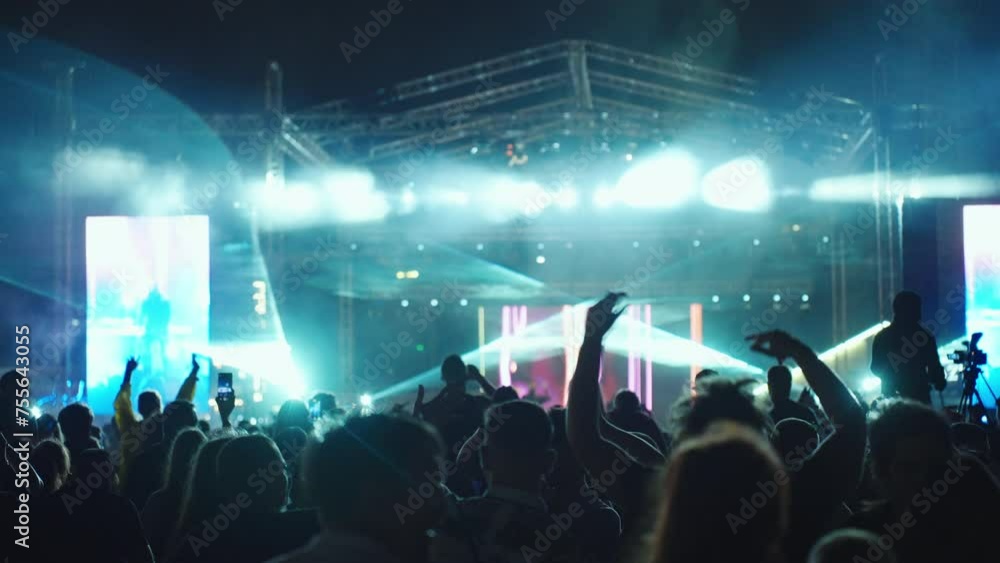 Silhouettes People dance with their hands up to music with pleasure ...