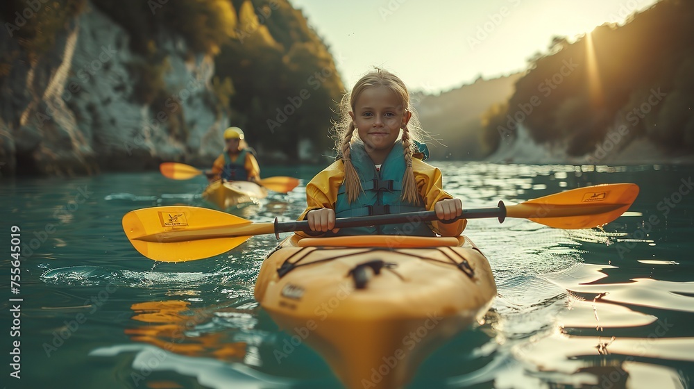 Portrait of a happy young kids doing kayaking in river by themselves ...