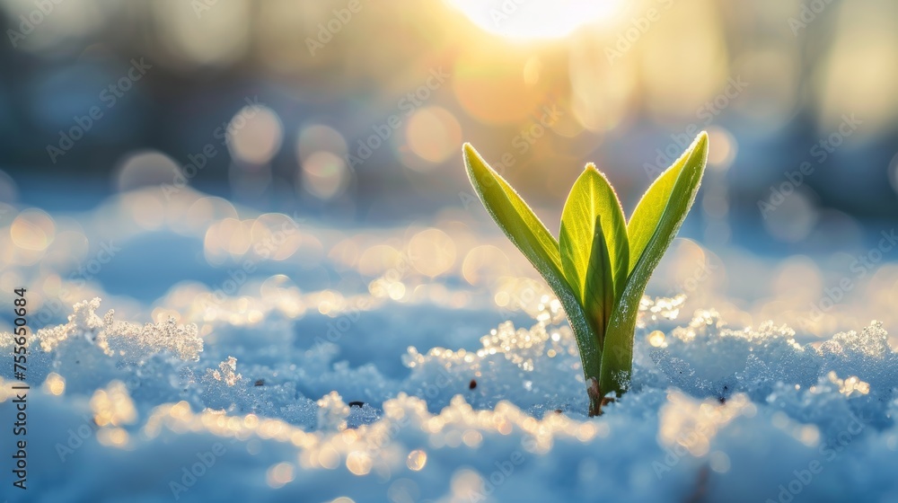 green sprout emerging from snowy frozen ground announcing end of winter ...