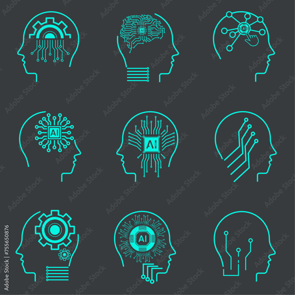 AI icon sets on dark background. Collection of symbols, technology vector element. artificial ...