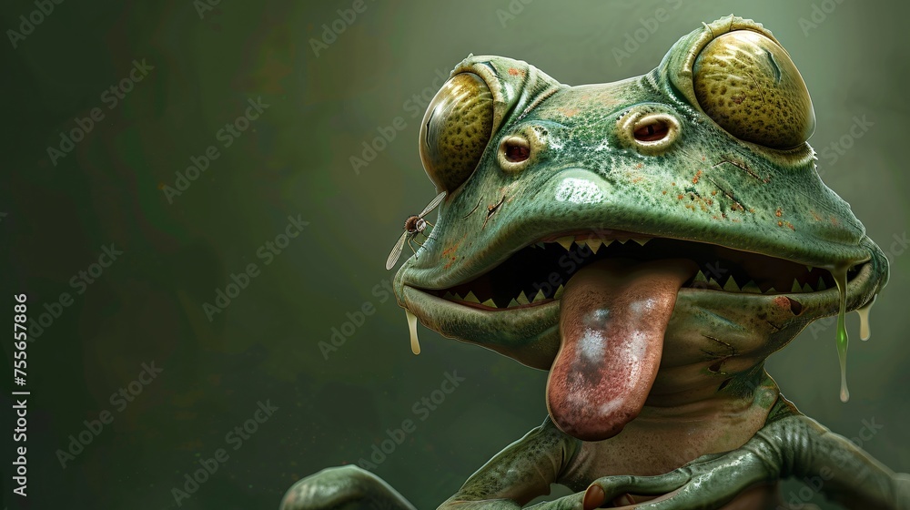 A 3D endearing zombie frog trying to catch flies with its tongue tied ...