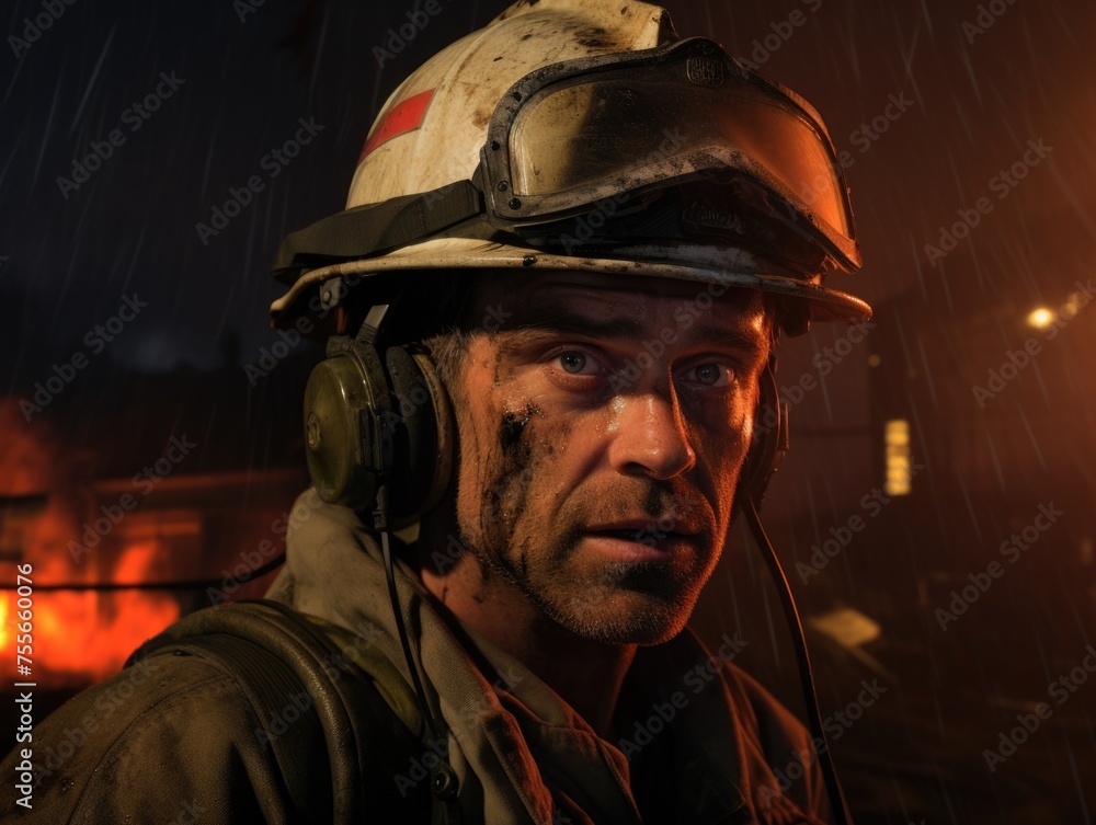 A man dressed as a firefighter wearing a firemans helmet stands bravely ...