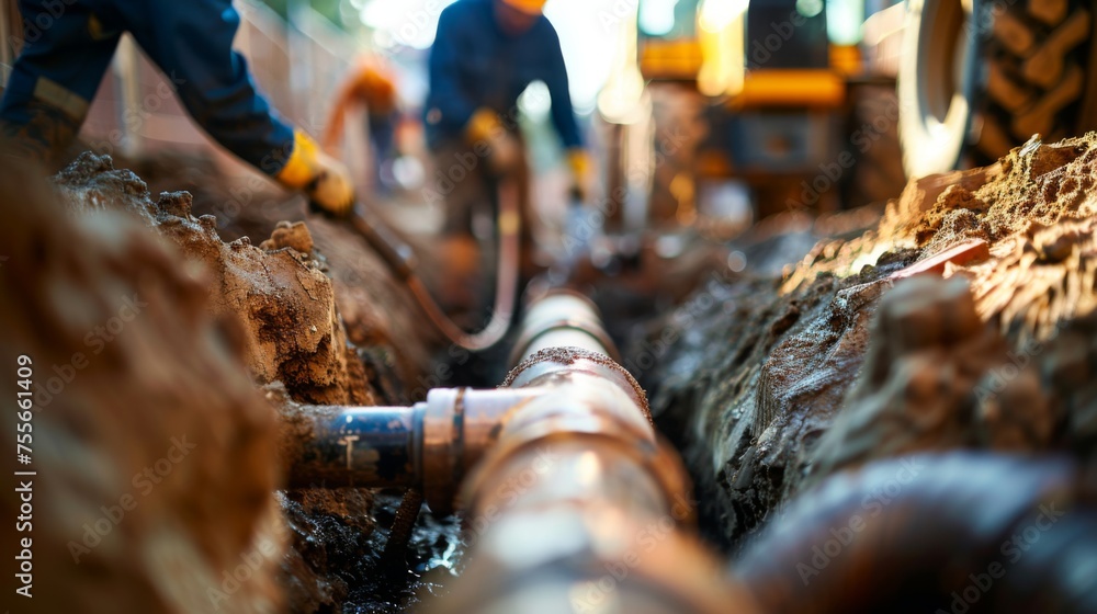 Construction workers with tools repairing pipes in a deep trench ...