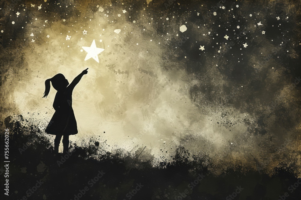 In the style of a storybook illustration, a girl is shown in silhouette ...