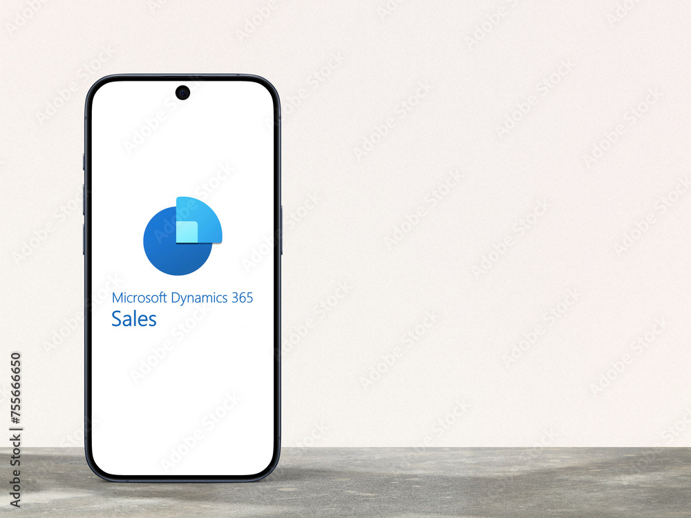 Microsoft Dynamics 365 Sales Logo is displayed on a modern smartphone ...