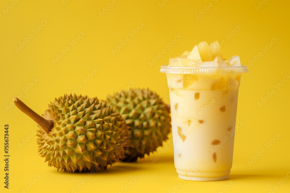 Durian yogurt smoothie in a clear cup topped with chunks, whole fruit ...
