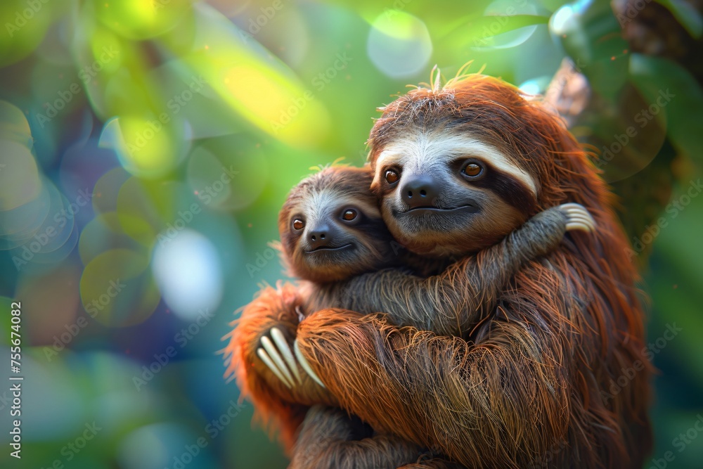 Endearing 3D image of a sloth mom and her baby in a cozy hug set in a ...