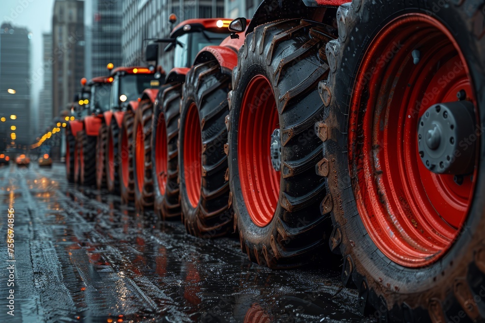 A row of red tractors on the street in front of an office building ...