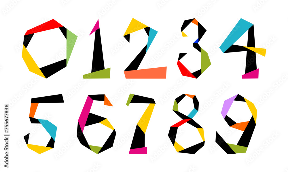 Colorful set of hand drawn numbers isolated on white, folded paper ...