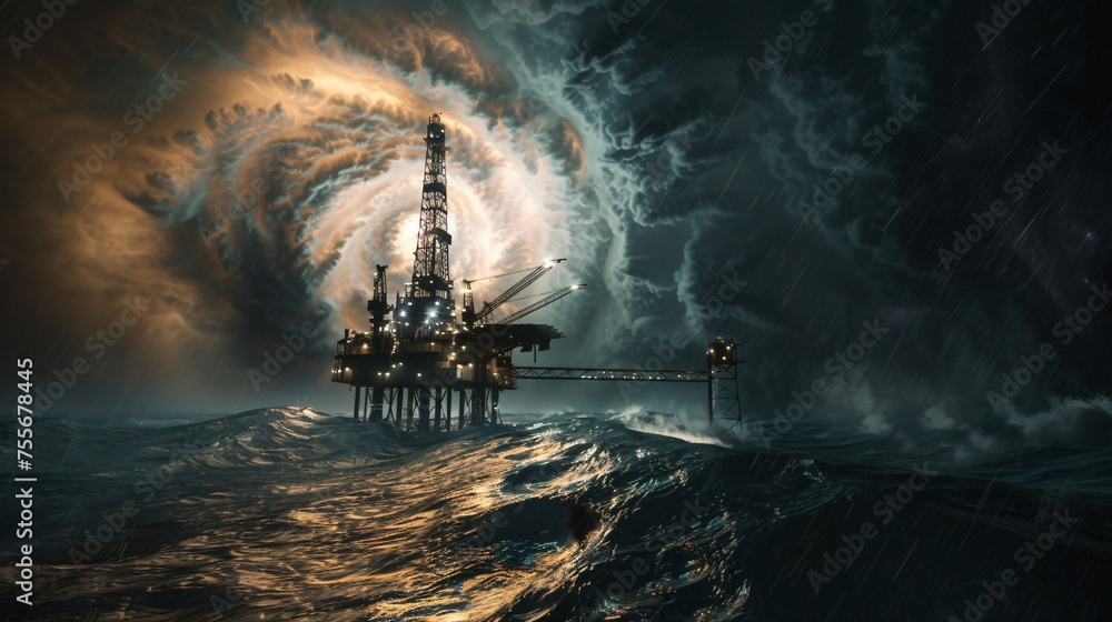 The eerie calm of an oil rig illuminated against the dark foreboding ...
