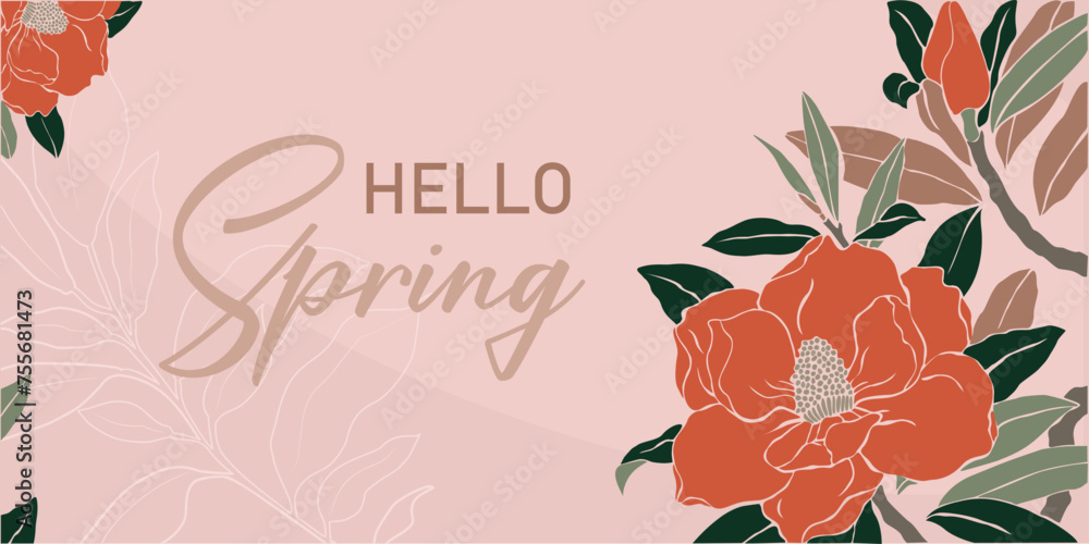 Hello Spring background with colorful magnolia abstract flowers, leaves ...