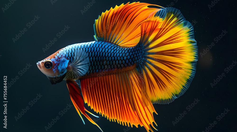 An electric blue betta fish, with long fins and tail, is gracefully ...