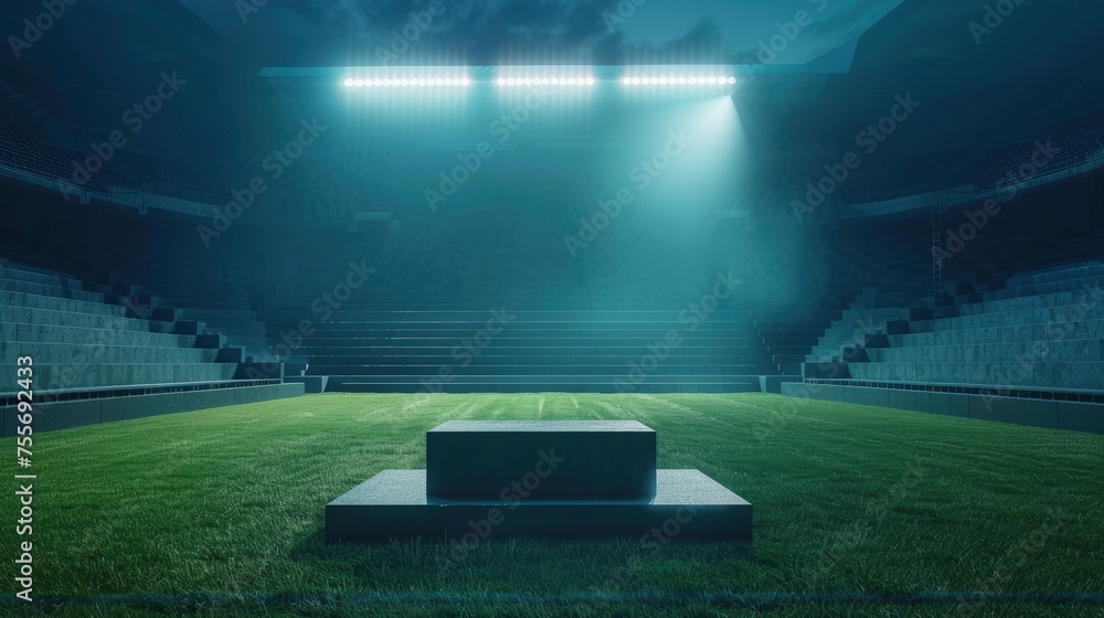 podium in the center of a stadium, surrounded by rows of empty seats ...