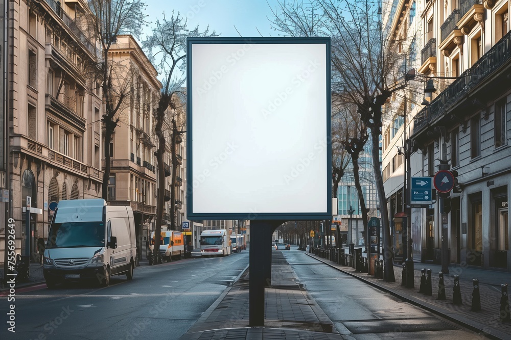 An empty huge poster mockup on the roof of a mall; white template ...