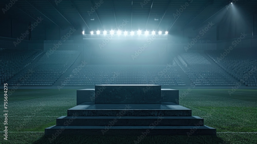 podium in the center of a stadium, surrounded by rows of empty seats ...