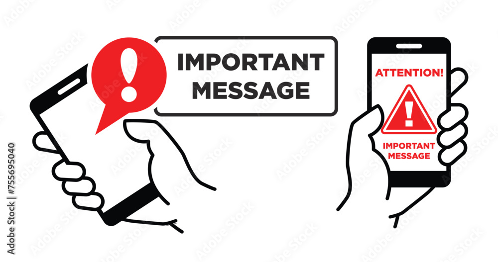 Notification with exclamation sign on the smartphone screen. Important ...