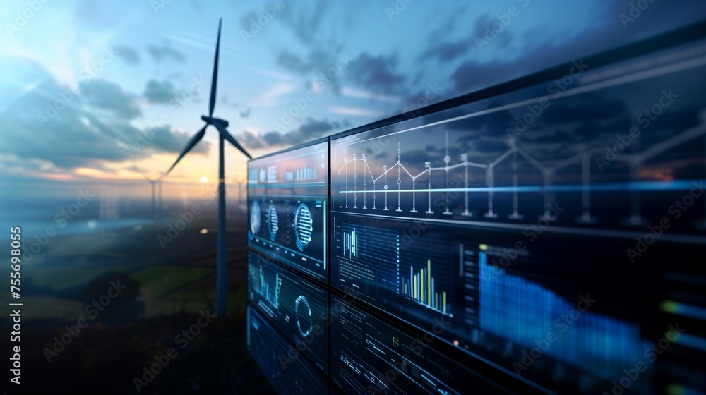 Modern wind turbine with a detailed energy data analytics dashboard in ...