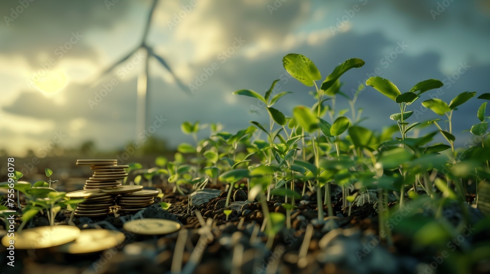 Profitable green energy farm with modern wind turbines spinning against ...