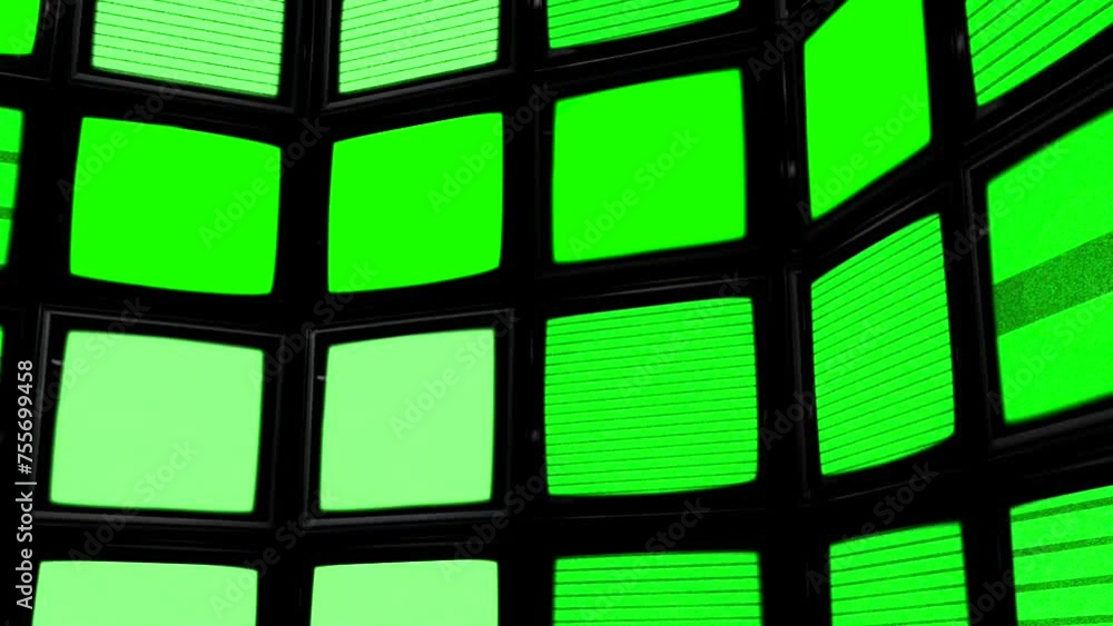 A Curved Array of Screens Displaying Green Screen Static in the Dark ...