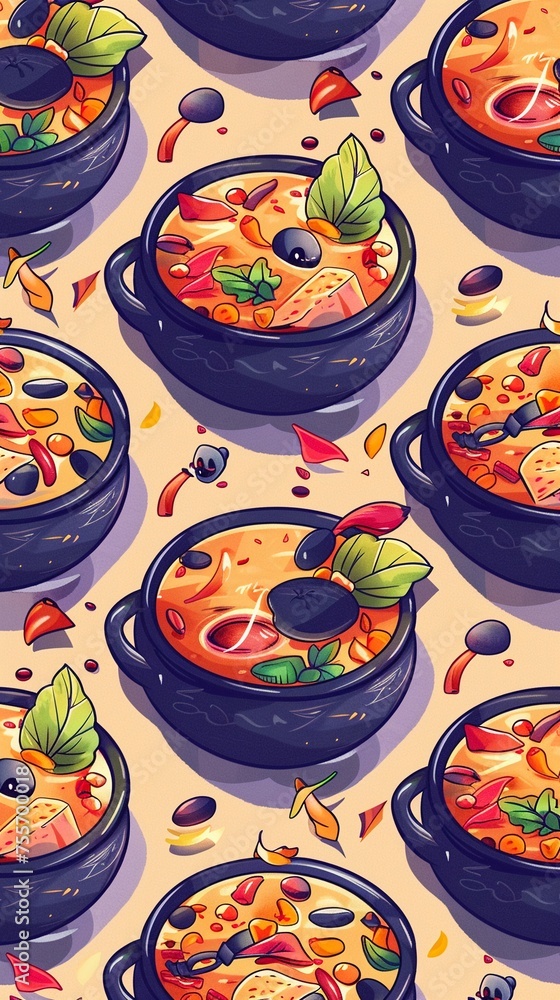 2D Illustrate of Gaeng Massaman Curry served in tiny cauldrons brewing ...
