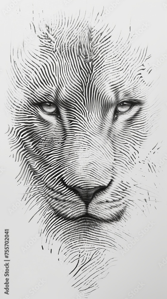 A lion's face is drawn in a series of lines resembling a fingerprint ...