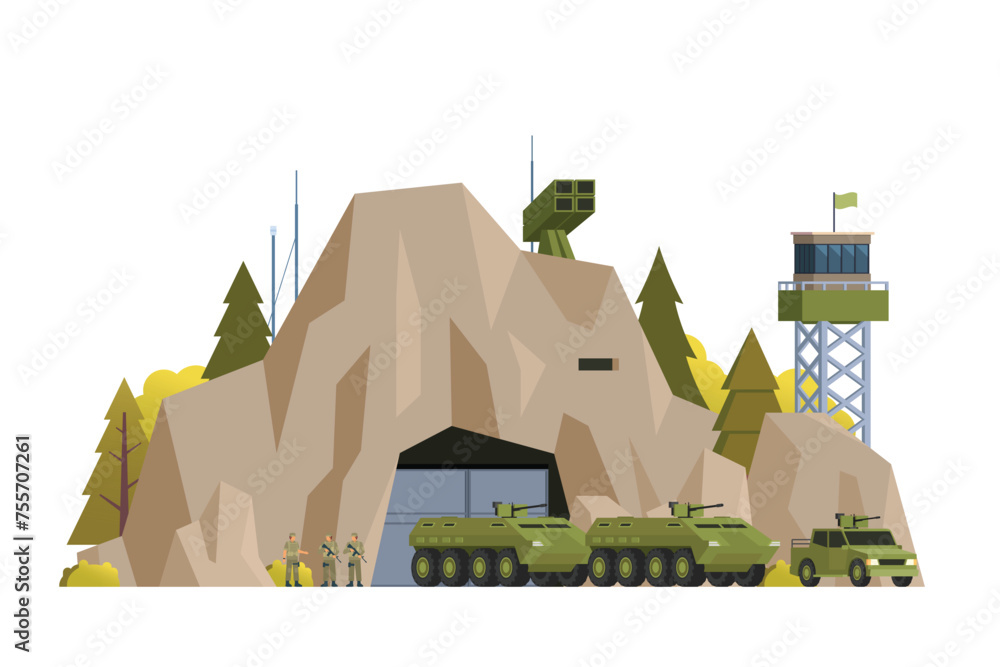 Vector military base building and vehicle or infographic elements ...