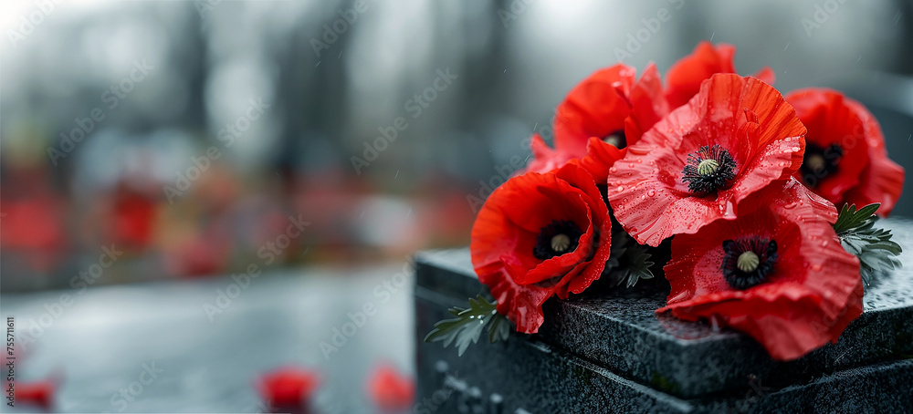 Flowers of red poppies on an obelisk at a military cemetery. The poppy ...
