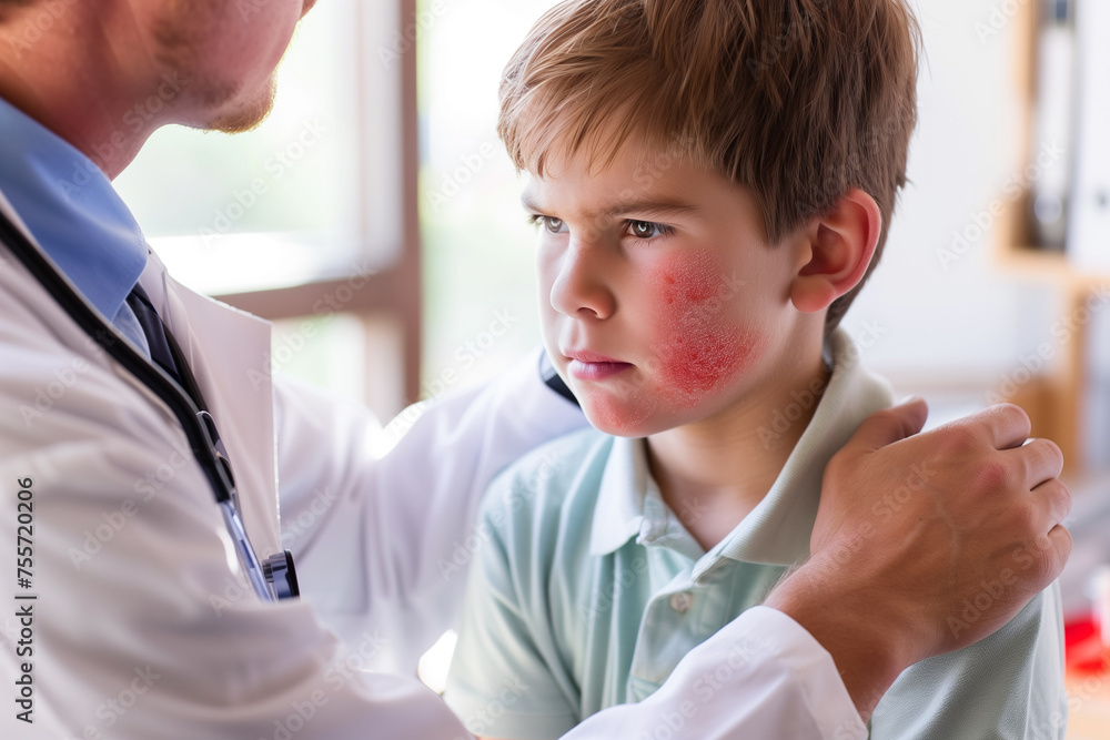 Pediatrician examining little boy face skin covered with severe red ...