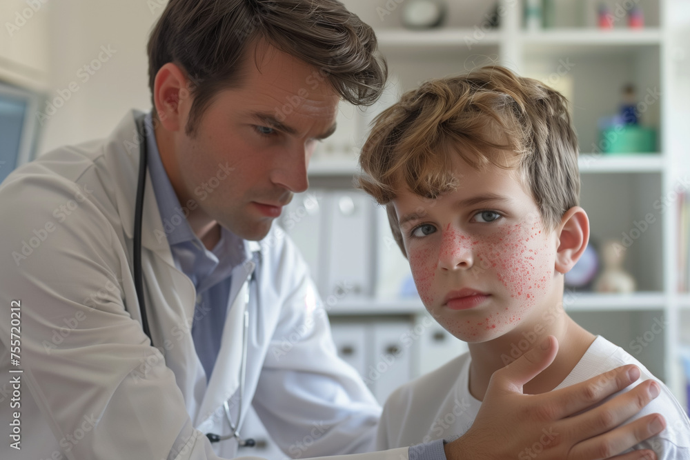 Pediatrician examining little boy face skin covered with severe red ...