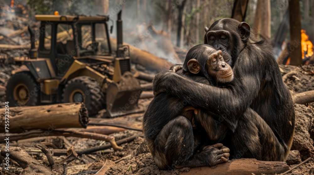 A family of chimpanzees hugged each other in a fire-ravaged forest ...