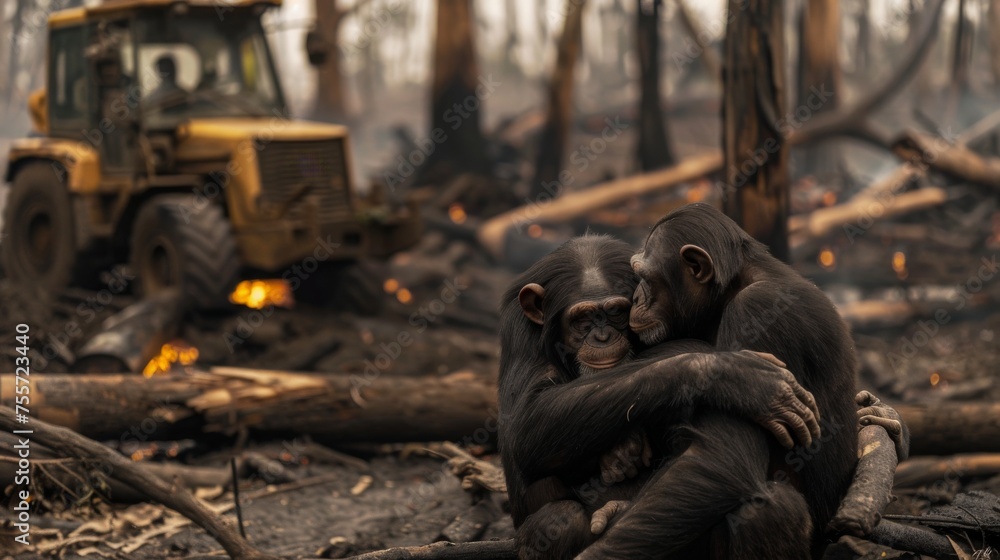 A family of chimpanzees hugged each other in a fire-ravaged forest ...