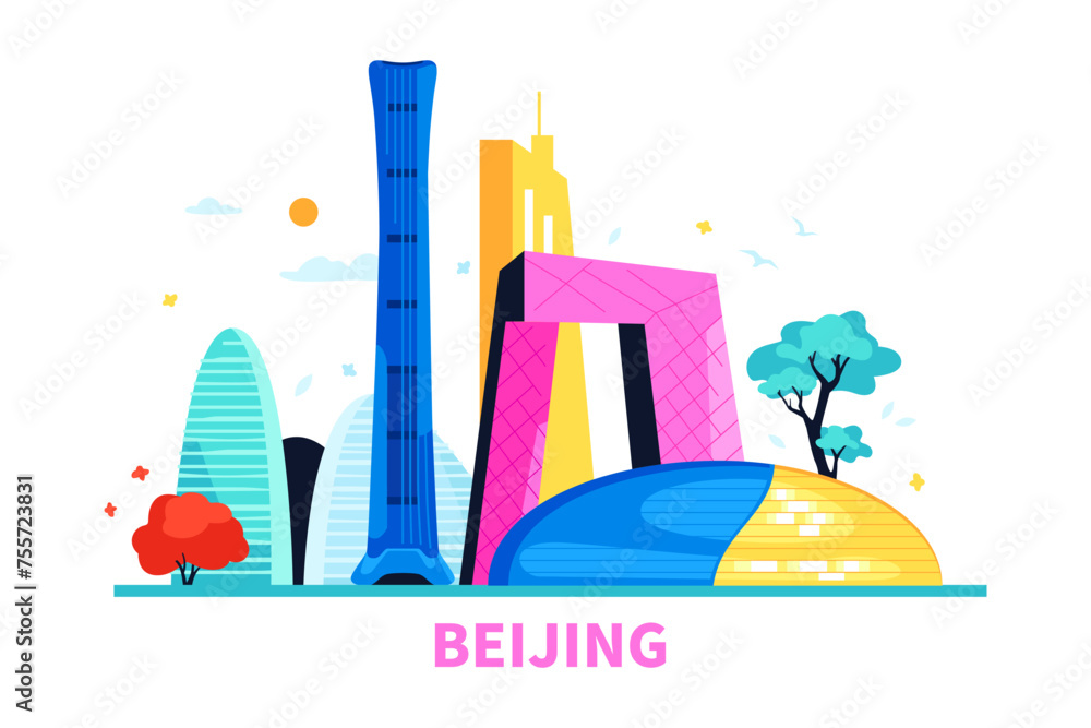 City architecture of Beijing - modern colored vector illustration with ...