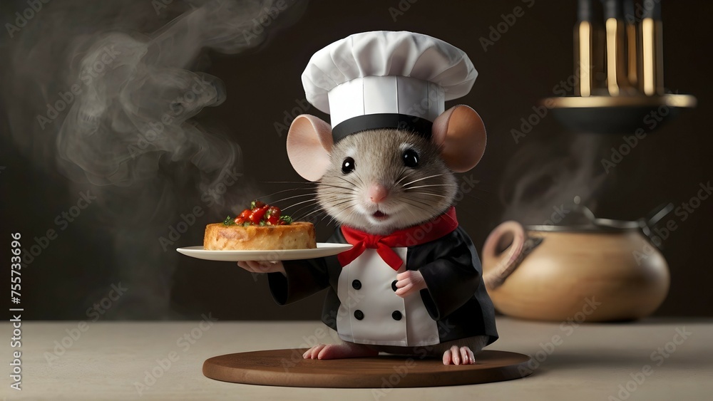 Cute and super adorable mouse in black and red chef coat and chef hat ...