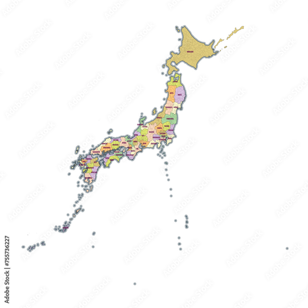 Administrative map of Japan showing regions provinces Stock Vector ...